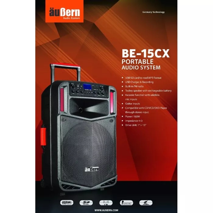 Jual Aubern BE 15CX Speaker Portable Audio PA System + 2 Wireless Mic ...