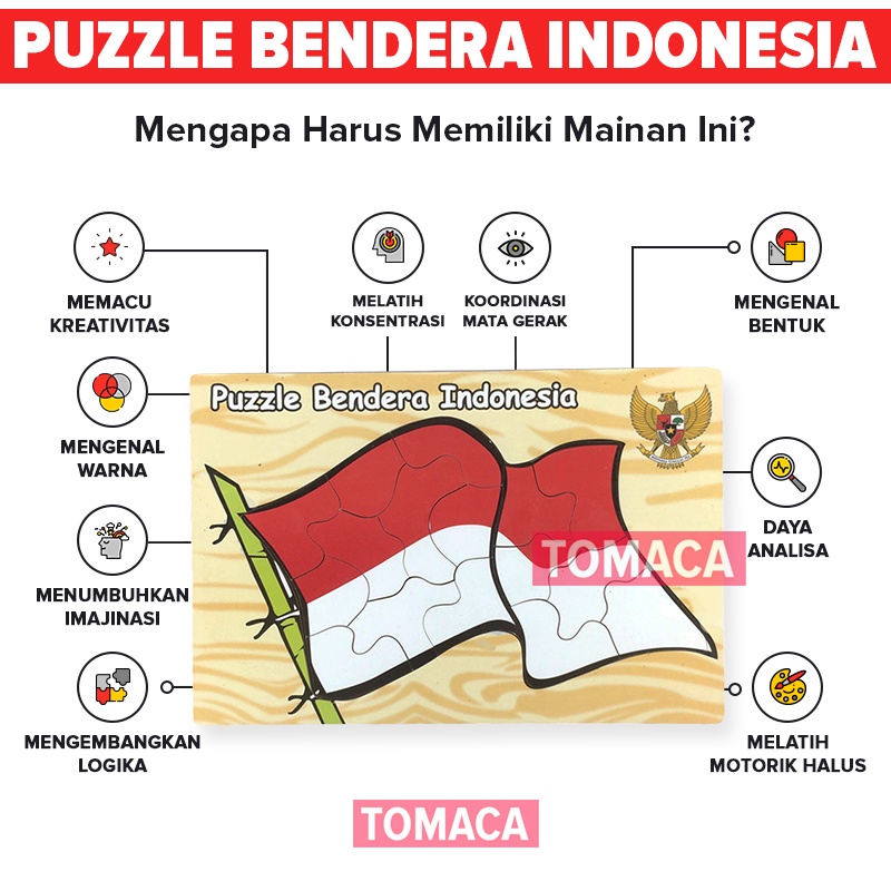 Jual Mainan Edukasi Anak Puzzle Kayu Gambar Bendera Indonesia Merah ...