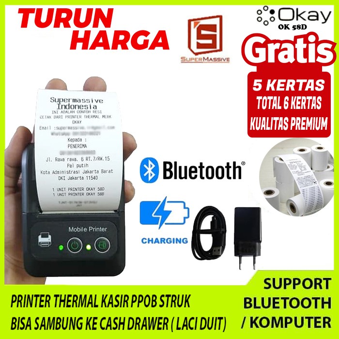 Jual OKAY 58B Printer Bluetooth PPOB Mini 58mm Thermal Moka Pos Baterai + 5 Kertas | Shopee ...