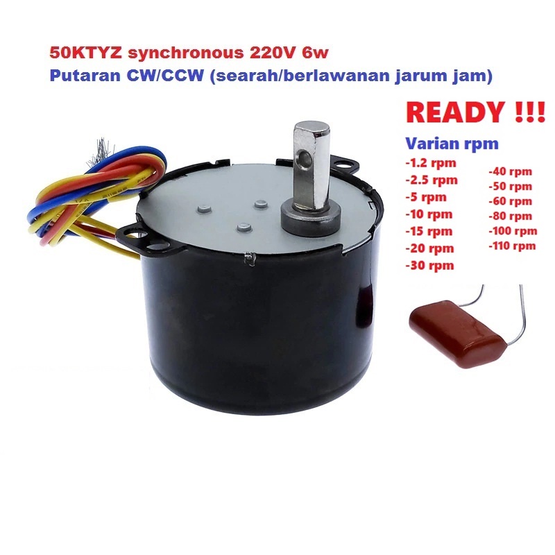 Jual AC motor 50KTYZ synchronous CW/CCW 6W 1Rpm 2.5Rpm 5Rpm 10Rpm 15Rpm 20Rpm 30 Rpm | Shopee ...