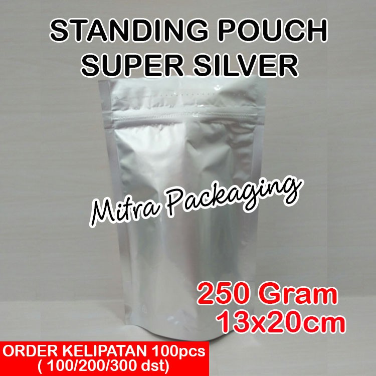 Jual KPACK Kemasan Standing Pouch Alumunium Foil Padat Super Silver + Ziplock 250 | Shopee Indonesia