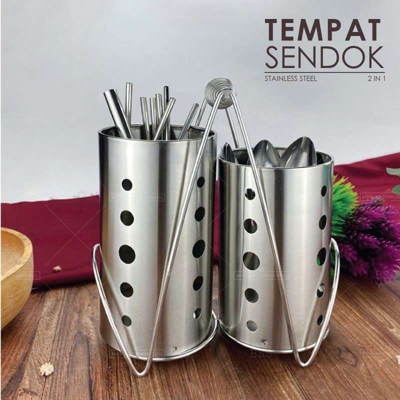 Jual Tempat sumpit sendok sedotan set 2 in 1 stainless steel restoran ...