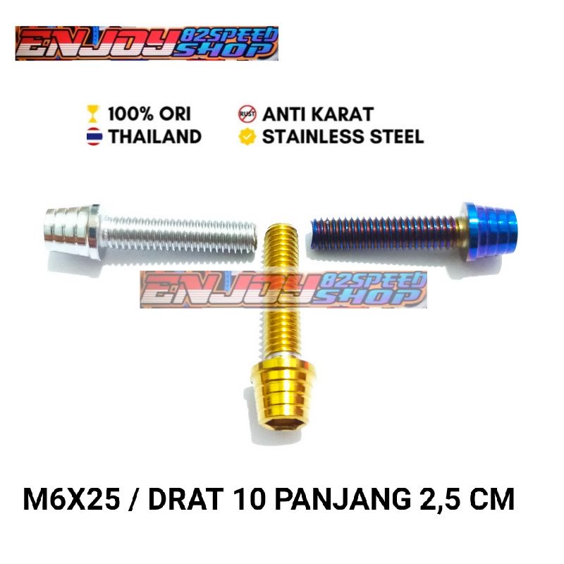 Jual Baut pb probolt Kerucut M6x25 / drat 10 panjang 2,5 cm asli probolt stainles | Shopee Indonesia