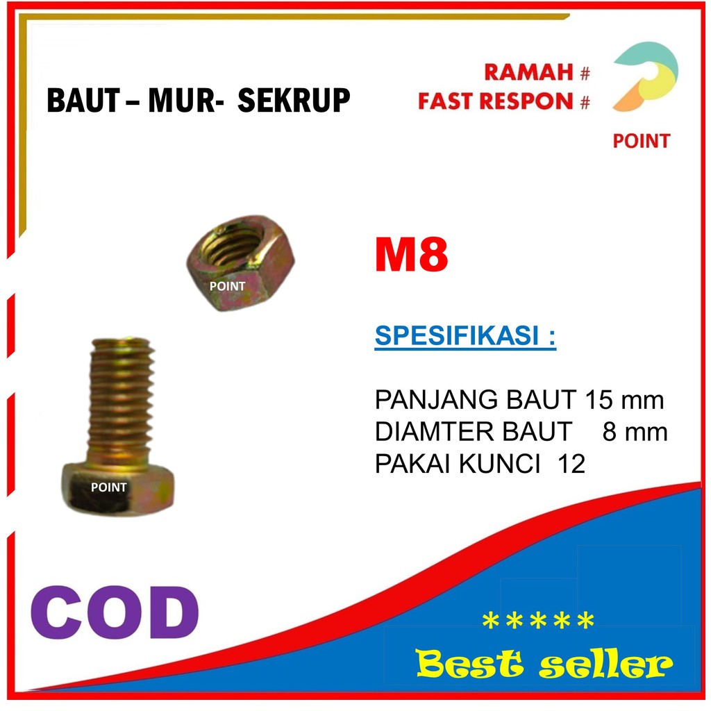 Jual Baut Mur M8 Ukuran 8mm x 15mm Pakai Kunci 12 | Shopee Indonesia