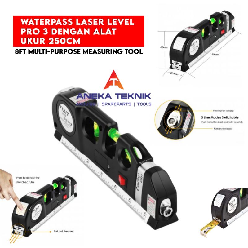 Jual Waterpass Laser Level Pro 3 dengan Alat Ukur 250cm / 8FT Multi ...