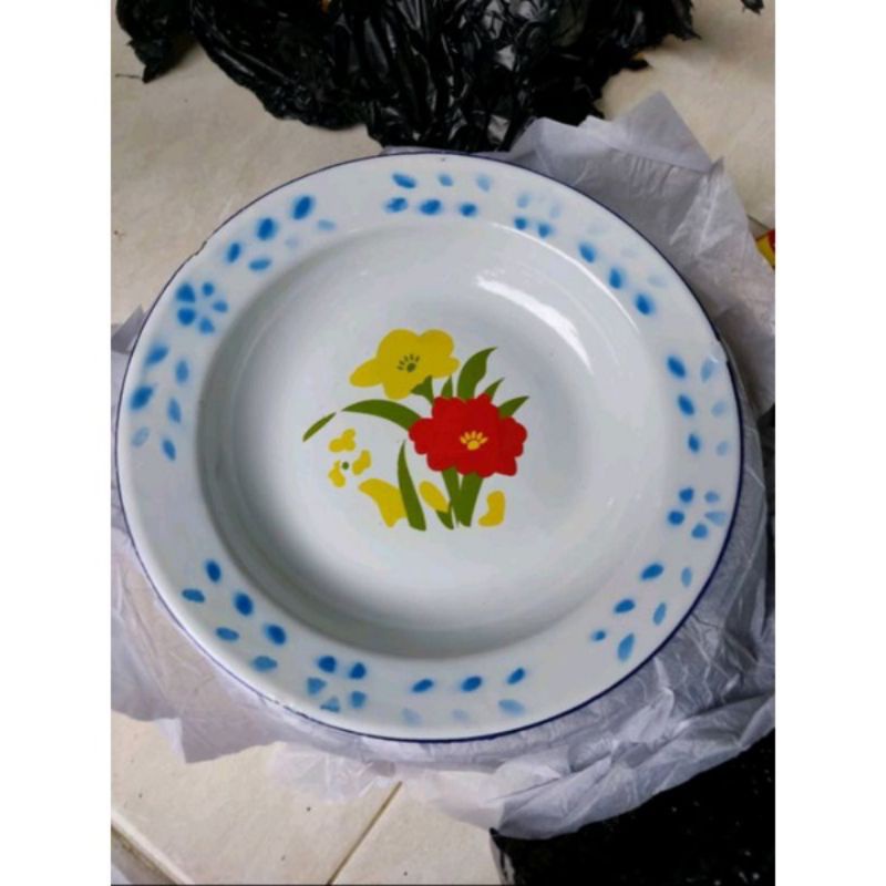 Jual 1 Lusin piring seng enamel motif bunga diameter 22 cm / piring ...