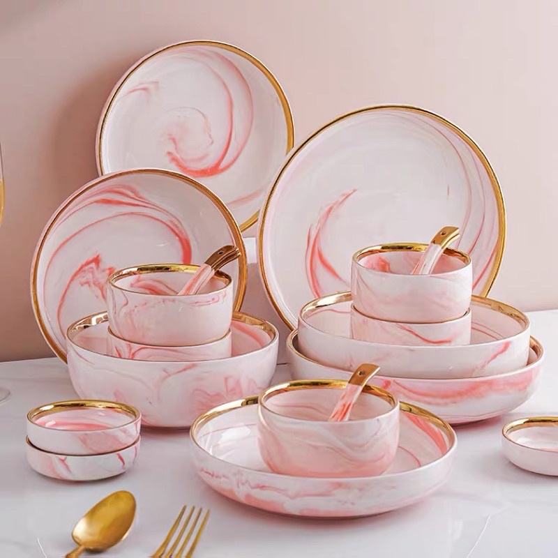 Jual Pink Marble Plate Set / paket piring makan keramik marmer pink lis ...