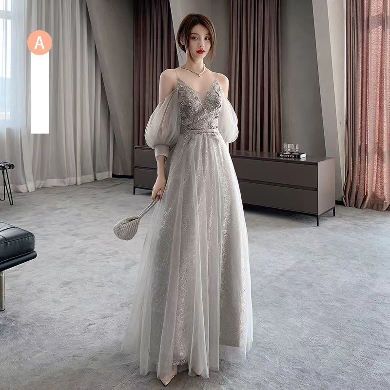 Jual Gaun pengiring pengantin abu-abu baru gaun panjang ramping mewah ...