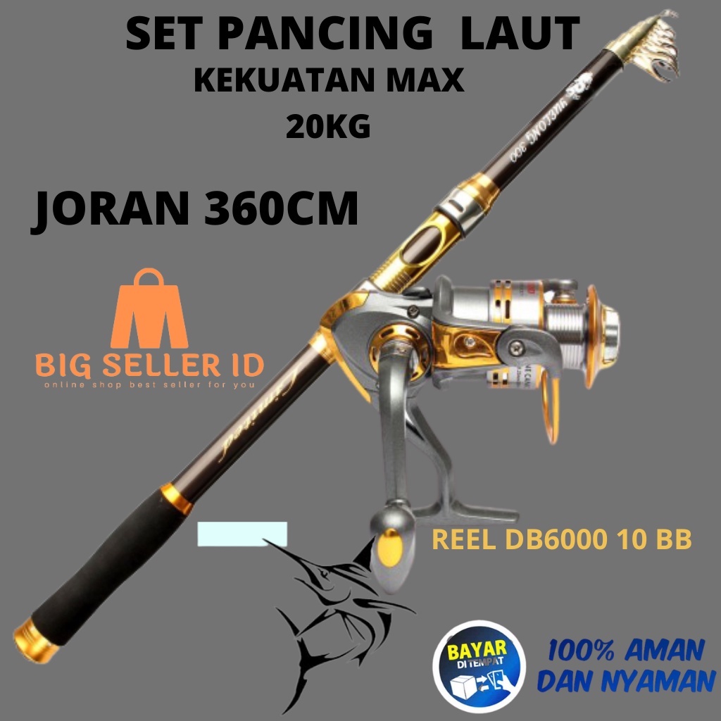 Jual Set Joran Pancing Laut Kekuatan Max 20kg Reel Spinning 10 Ball Bearing DB6000 Joran Laut ...
