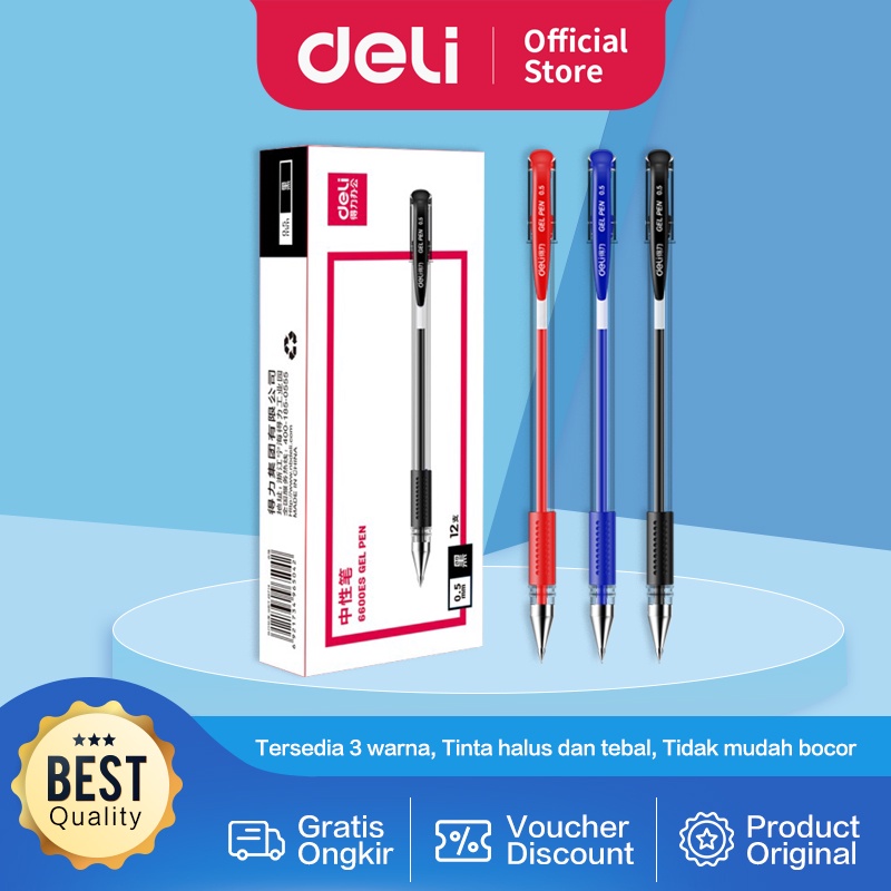 Jual Deli Gel Pen Pulpen 0.5mm Ujung Tumpul Tinta Hitam/Biru/Merah ...