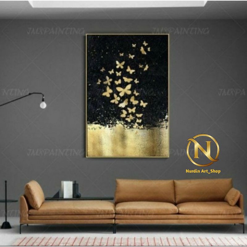 Jual lukisan modern minimalis batterfly gold 120x80 plus Frame | Shopee ...