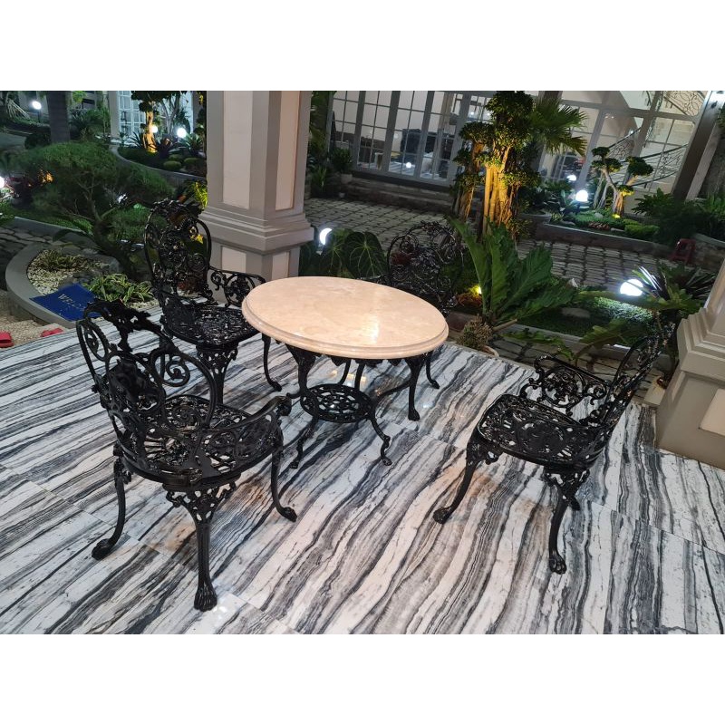 Jual Set Meja Teras Marmer Kursi Besi Ukir Hitam | Shopee Indonesia