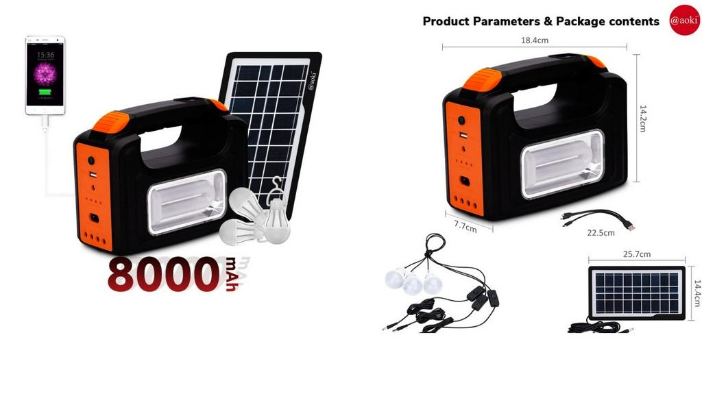 Jual AOKI Solar lighting mobile power system 8000mAh power bank ...