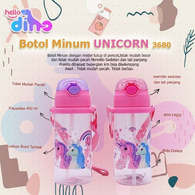 Jual Hello Dino - 3680 | Botol Air Minum Anak Unicorn BPA FREE Karakter 450 ml | Shopee Indonesia