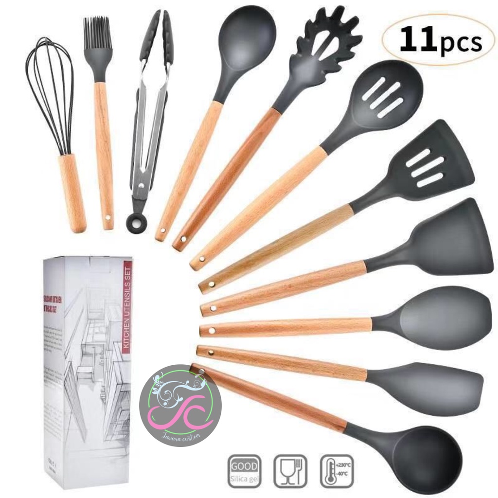 Jual RT82 KITCHEN UTENSIL SILICONE WOOD 12PCS SET PERALATAN DAPUR MASAK ...