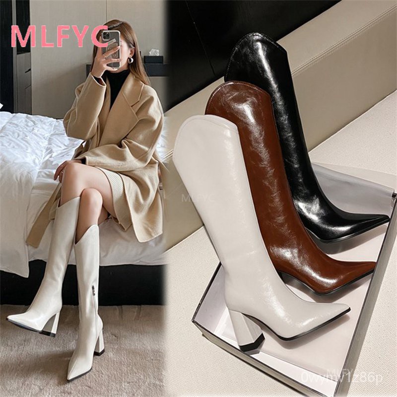 Jual Soft leather wellies women's high heels Knight boots white high ...