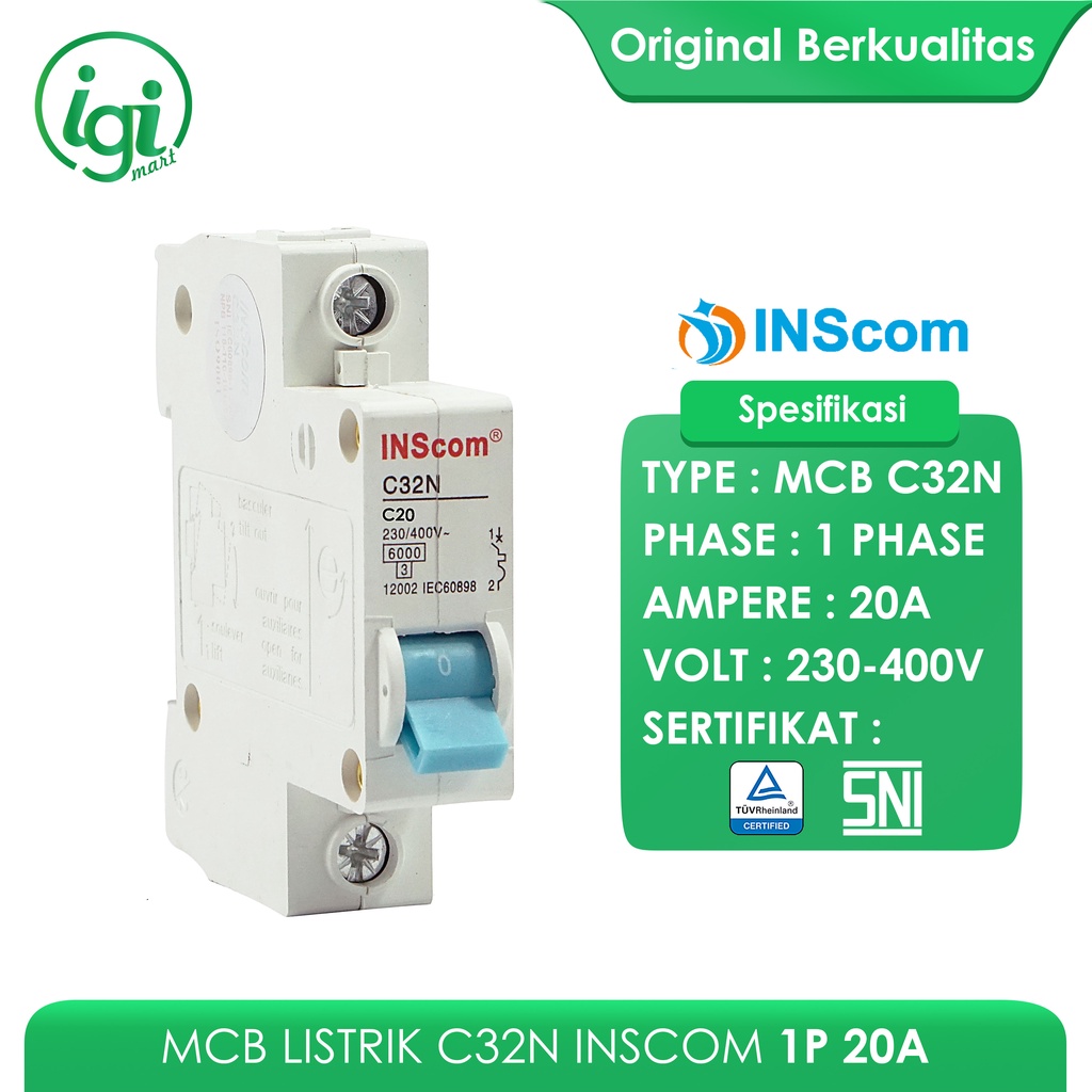 Jual MCB LISTRIK INSCOM C32N 1P 20A / MINI CIRCUIT BREAKER 1 POLE 1 PHASE | Shopee Indonesia