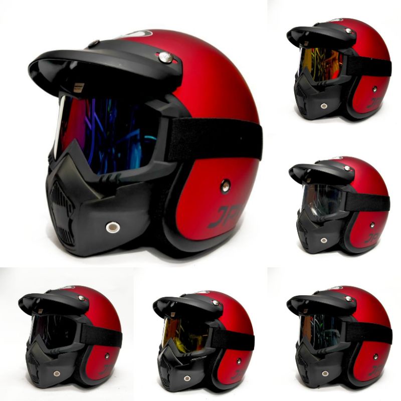 Jual Helm Bogo Jpn Retro Red Maroon Doff Pet Goggle Mask | Shopee Indonesia