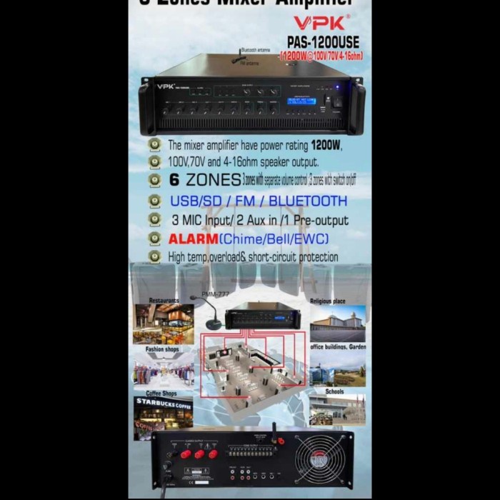 Jual Ampli Matching VPK PAS 1200USE 1200w 6 Zona Alarm,Chime,Bell,USB ...