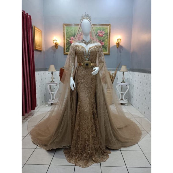 Jual gaun pengantin slim duyung ekor creamy latte | Shopee Indonesia