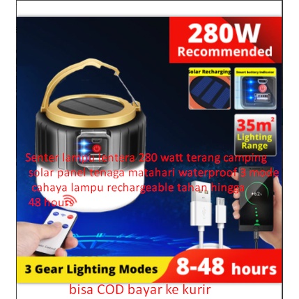 Jual Senter lampu lentera 280 watt terang camping solar panel tenaga matahari waterproof 3 mode ...