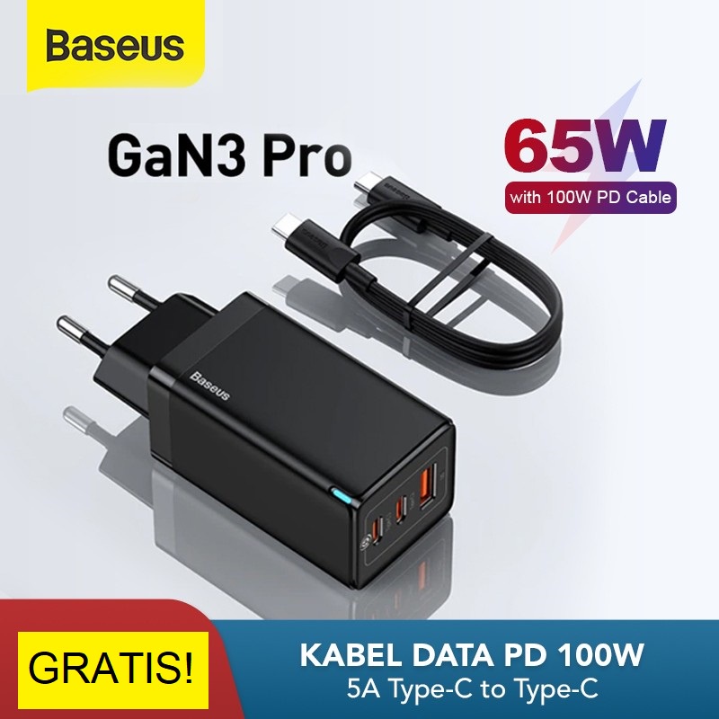 Jual Baseus Original Adaptor Charger Gan3 Pro 65W 2 Type C 2 USB 3 in 1 Super Fast Charging ...
