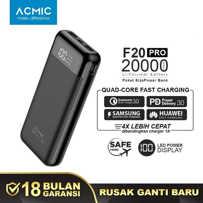 Jual Power Bank 20000 mAh ACMIC F20PRO (Digital Display + QC3.0 + PD ...