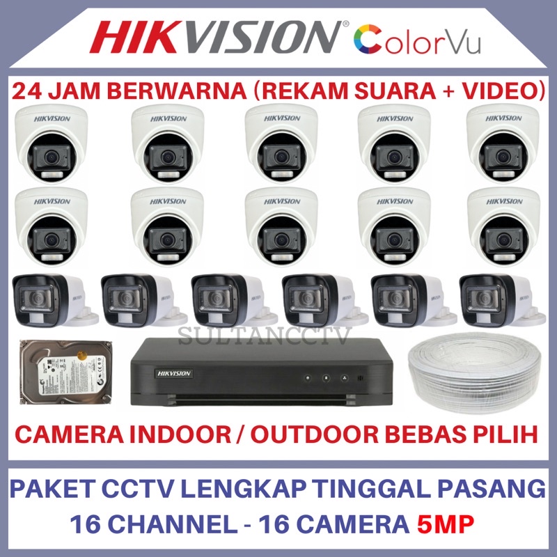 Jual PAKET CCTV HIKVISION 5MP COLOR / COLORVU TURBO HD 16 CHANNEL 16 ...