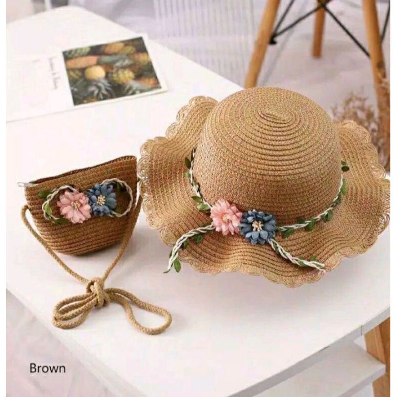 Jual topi set tas bunga lili anak/topi pantai set tas anak | Shopee ...