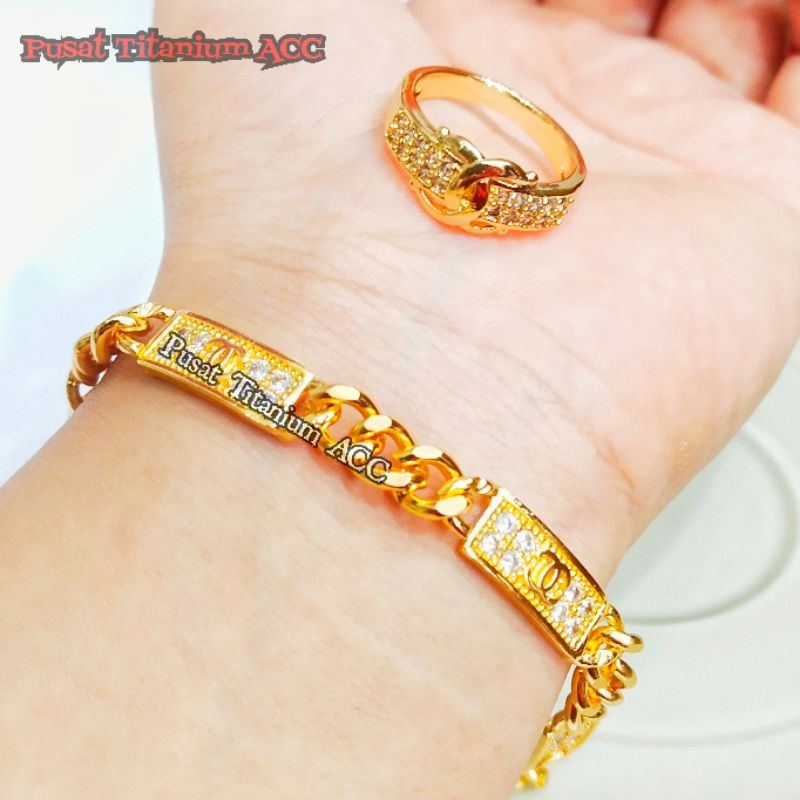 Jual SET TITANIUM GELANG+CINCIN DESAIN SUPER MANIS PLAT 4 PERMATA LGO ...