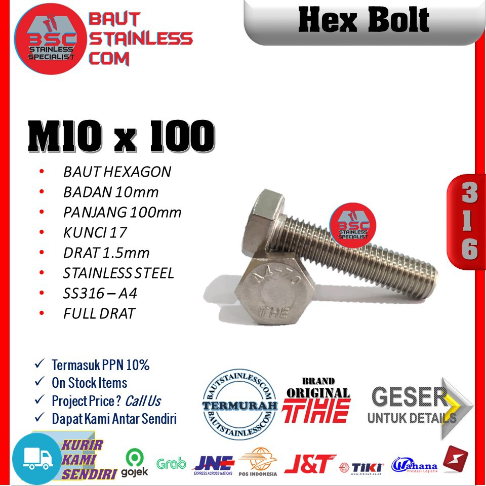 Jual HEX BOLT STAINLESS SS316 - A2 BAUT HEX M10X100 KUNCI 17 | Shopee ...