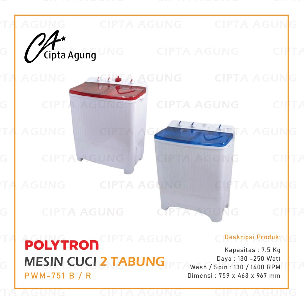 Jual MESIN CUCI 2 TABUNG 7.5 KG POLYTRON PWM 751 PWM-751 PWM751 R / B [BDG] | Shopee Indonesia