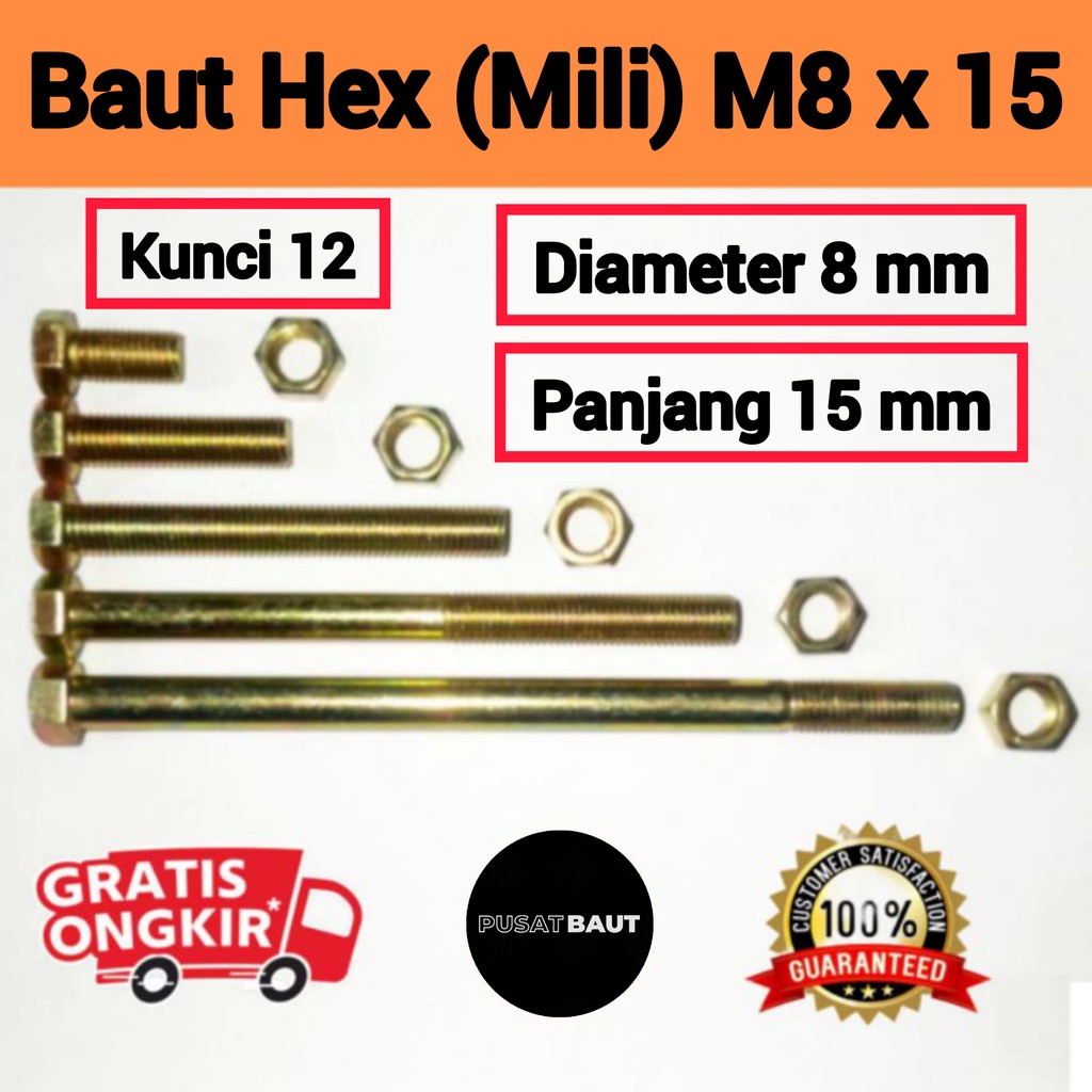 Jual (50 PCS) M8 x 15 Baut Kunci 12 Baut Mur M8x15 Kuning Hex Besi Galvanis Drat Halus | Shopee ...