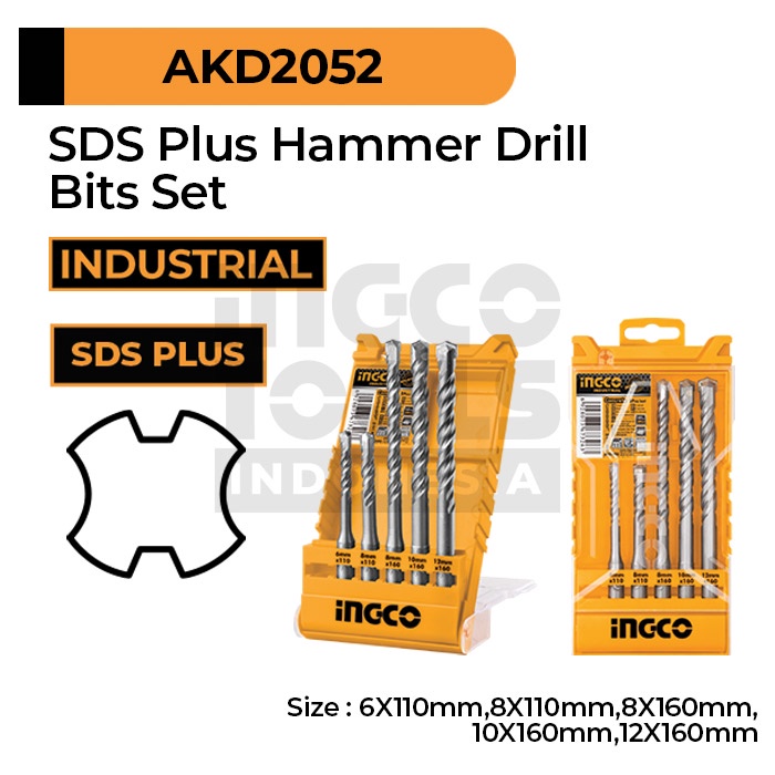 Jual 5-Pcs SDS Plus Hammer Drill Bits (6-12 mm) INGCO AKD2052 Mata Bor Bobok Tembok Beton ...