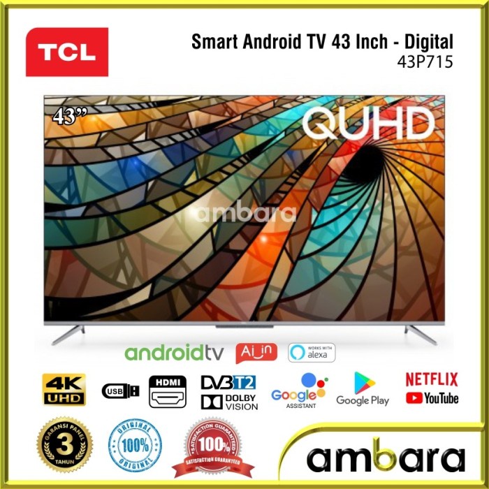 Jual TCL TV LED 43P715 Android TV 4K UHD TV HDR QUHD Ai - 43 Inch Resmi TCL | Shopee Indonesia