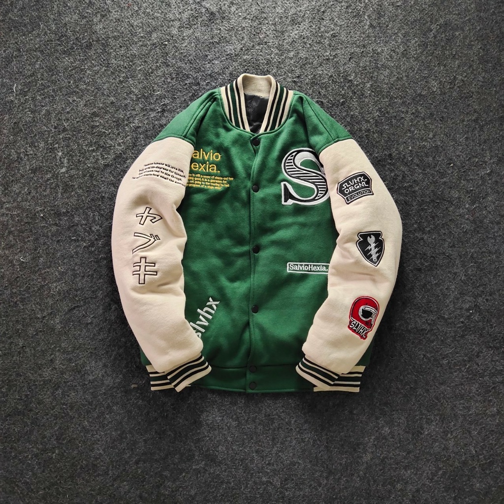 Jual Varsity Jacket HIJAU CREAM Jaket Varsity Pria Premium HITAM ...