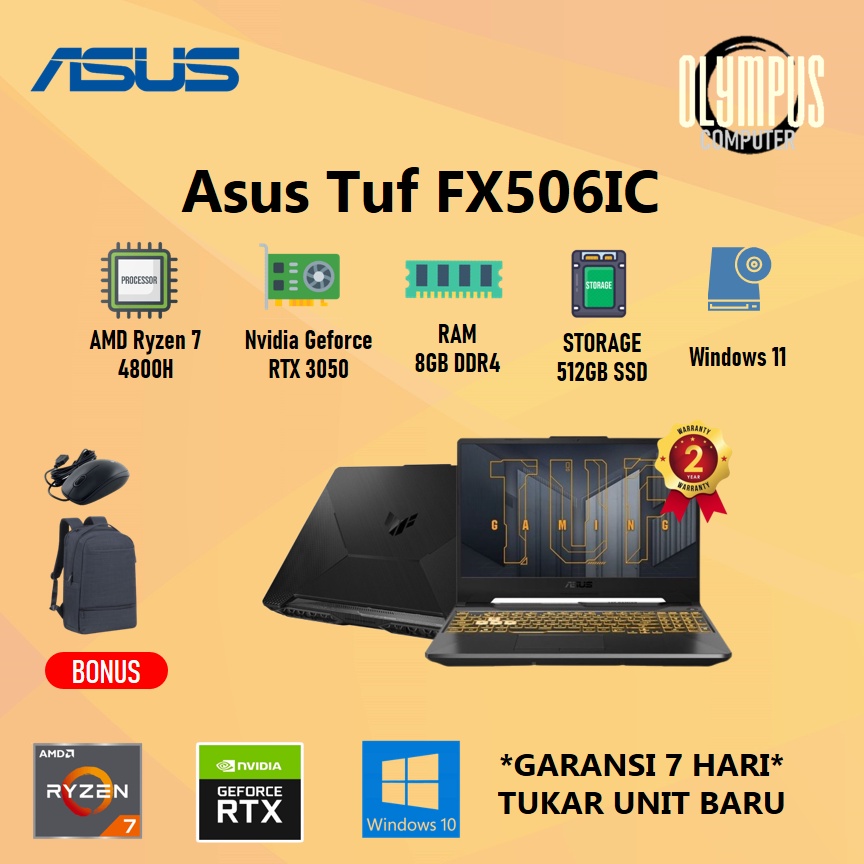Jual Laptop Asus Tuf FA506IC RTX3050 Ryzen 7 4800H 8GB 512SSD W11+OHS ...