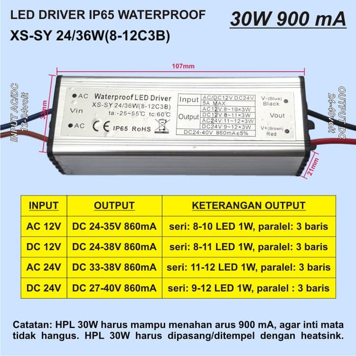 Jual LED Driver 30 Watt 900 mA DC 12V-24V Casing Besi | Shopee Indonesia