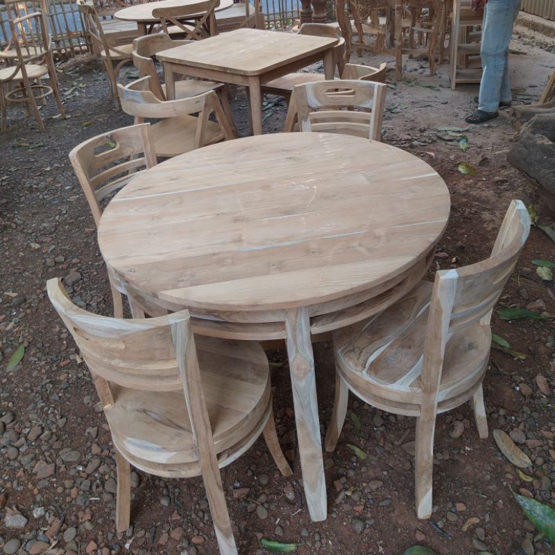 Jual Satu Set Meja Makan Bundar Minimalis - Meja Makan Bulat Jati Terbaru | Shopee Indonesia