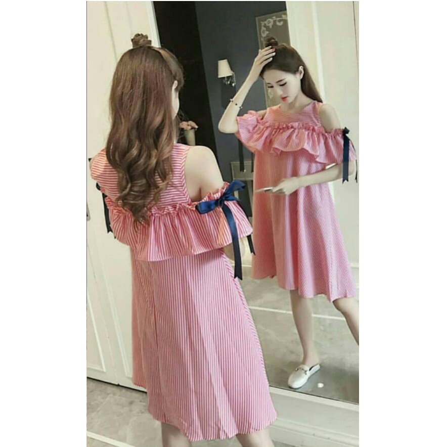 Jual ( COD ) Dress Sabrina Ribbon Stripe # Dress Riyuki# Minidress Sabrina Stripe# Dress Fashion ...