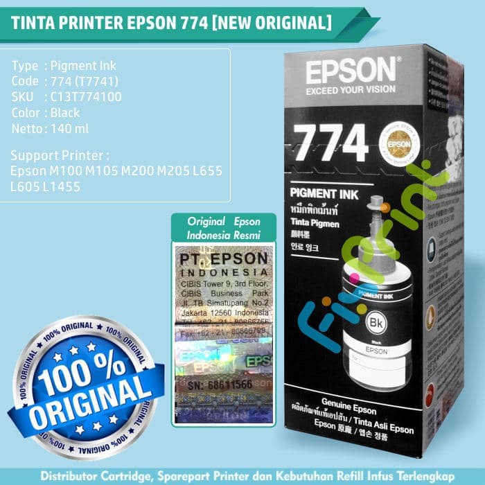 Jual Tinta Refill Epson Original T774 T7741 Black- Printer M100 M200 ...