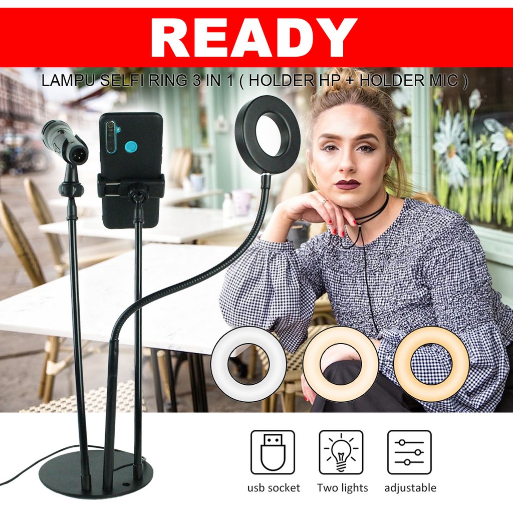Jual Lampu 3 in 1 Selfie Ring + Mount Holder HP + Stand Mic untuk Live ...