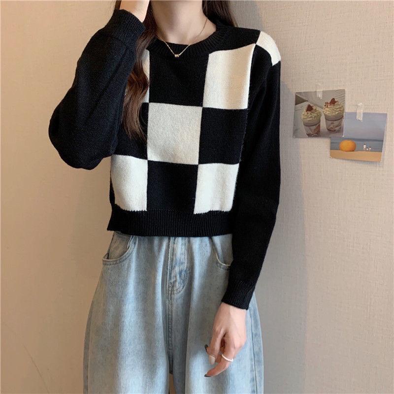 Jual Crop top rajut lengan panjang wanita korea sweater atasan-yikoo/ KOTAK KOTAK SWEATER RAJUT ...