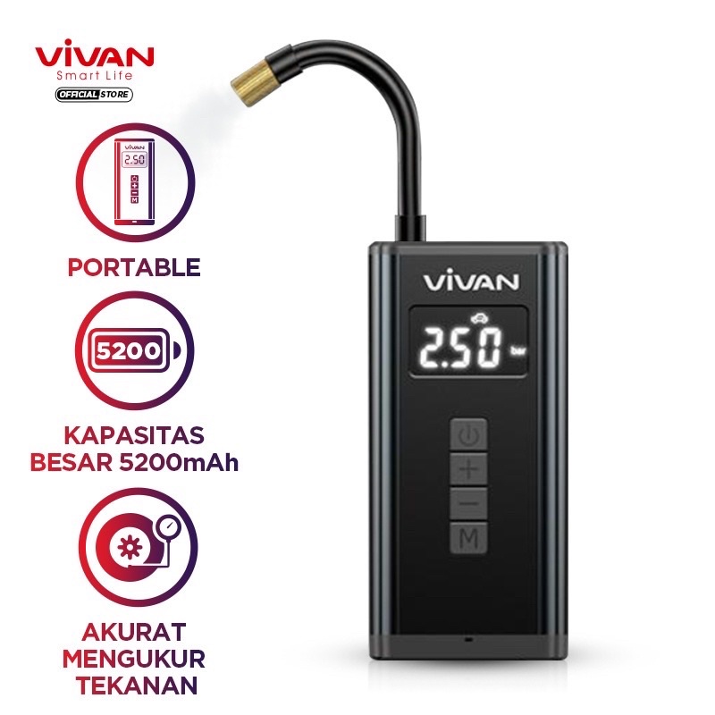 Jual VIVAN VTI01 Pompa Ban Mobil Portable Inflator Tire 5200mAh ...