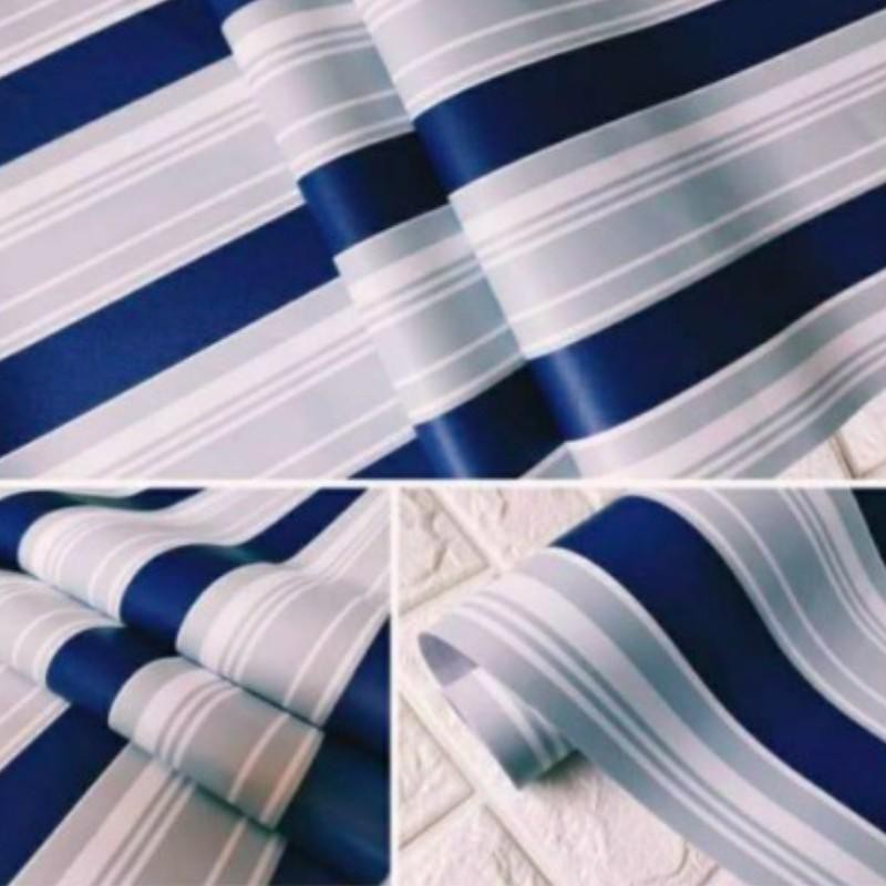 Jual WALLPAPER DINDING ukuran 45 cm x 10 M Motif SALUR BIRU TUA NAVY SILVER !!! | Shopee Indonesia