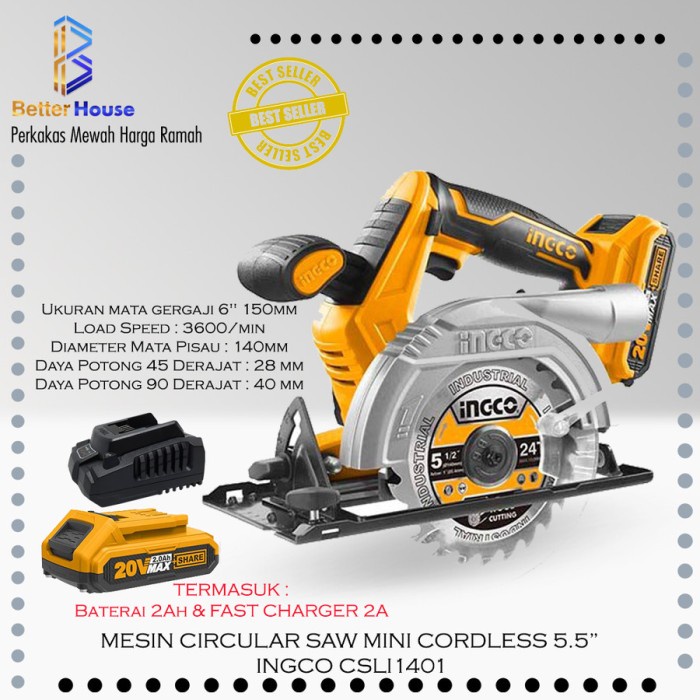 Jual MESIN CIRCULAR SAW SERKEL CORDLESS 20V 5.5 inch INGCO CSLI1401 2ah ...