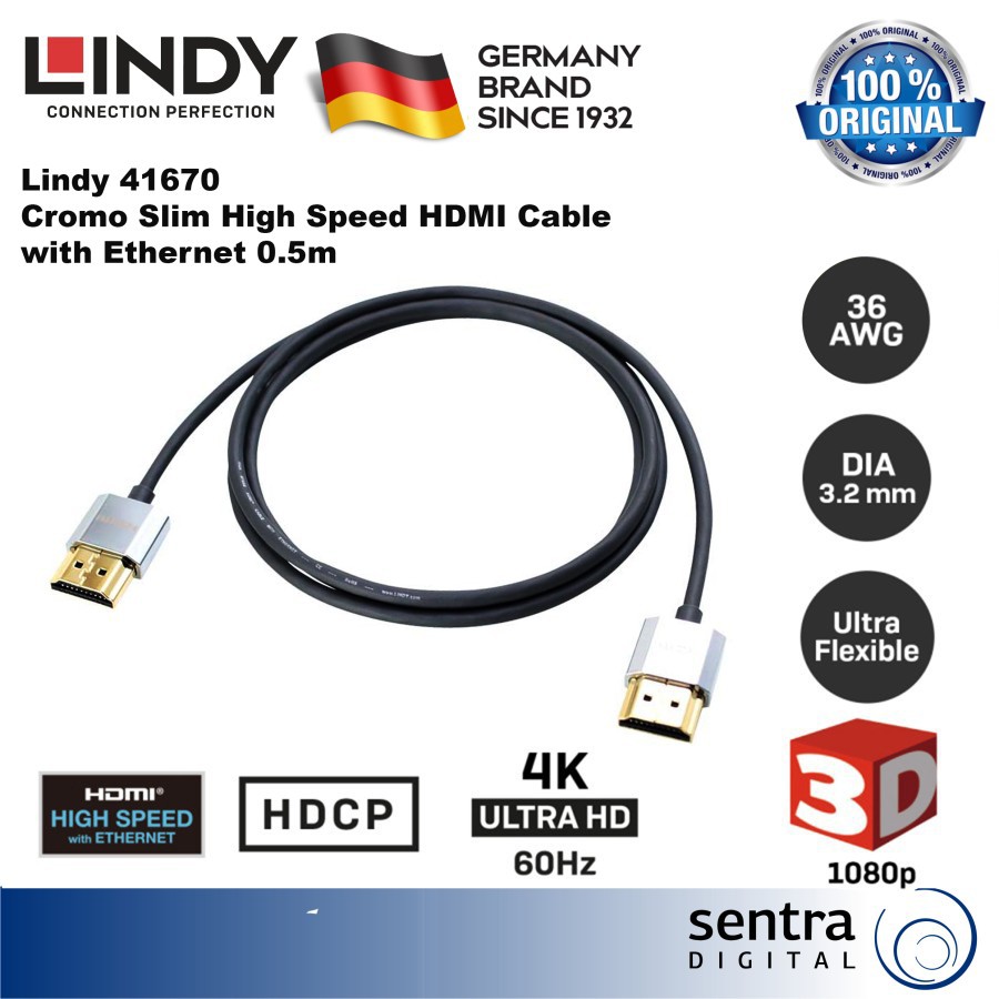 Jual Lindy Cromo Slim High Speed HDMI Cable with Ethernet 0.5m - 41670 | Shopee Indonesia