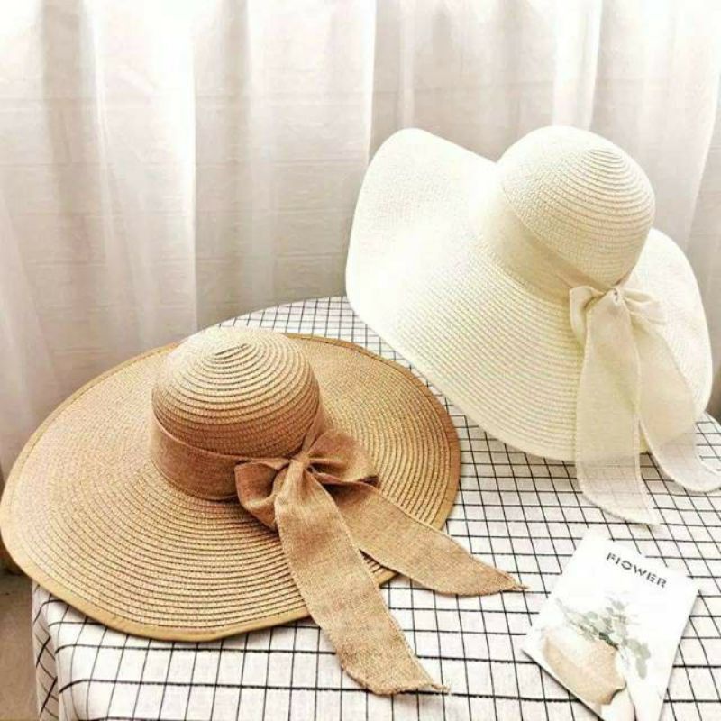 Jual Topi pantai lebar list polos PL1/ Topi pantai pita lebar / Topi pantai wanita / Summer hat ...