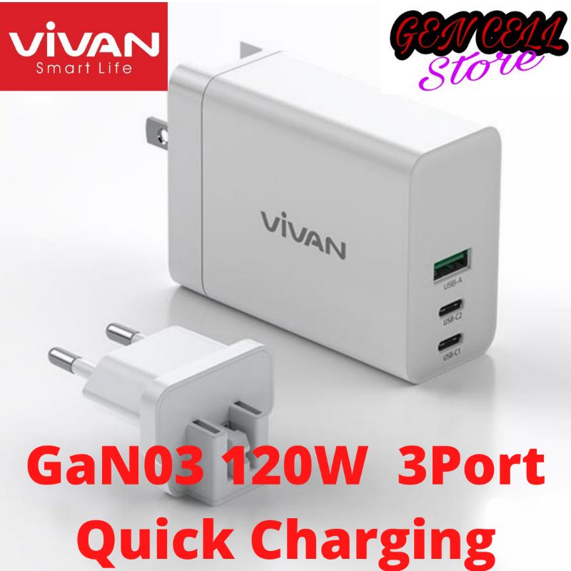 Jual Charger VIVAN GaN03 5A 120W PD Quick Charging 3 Port Switchable ...