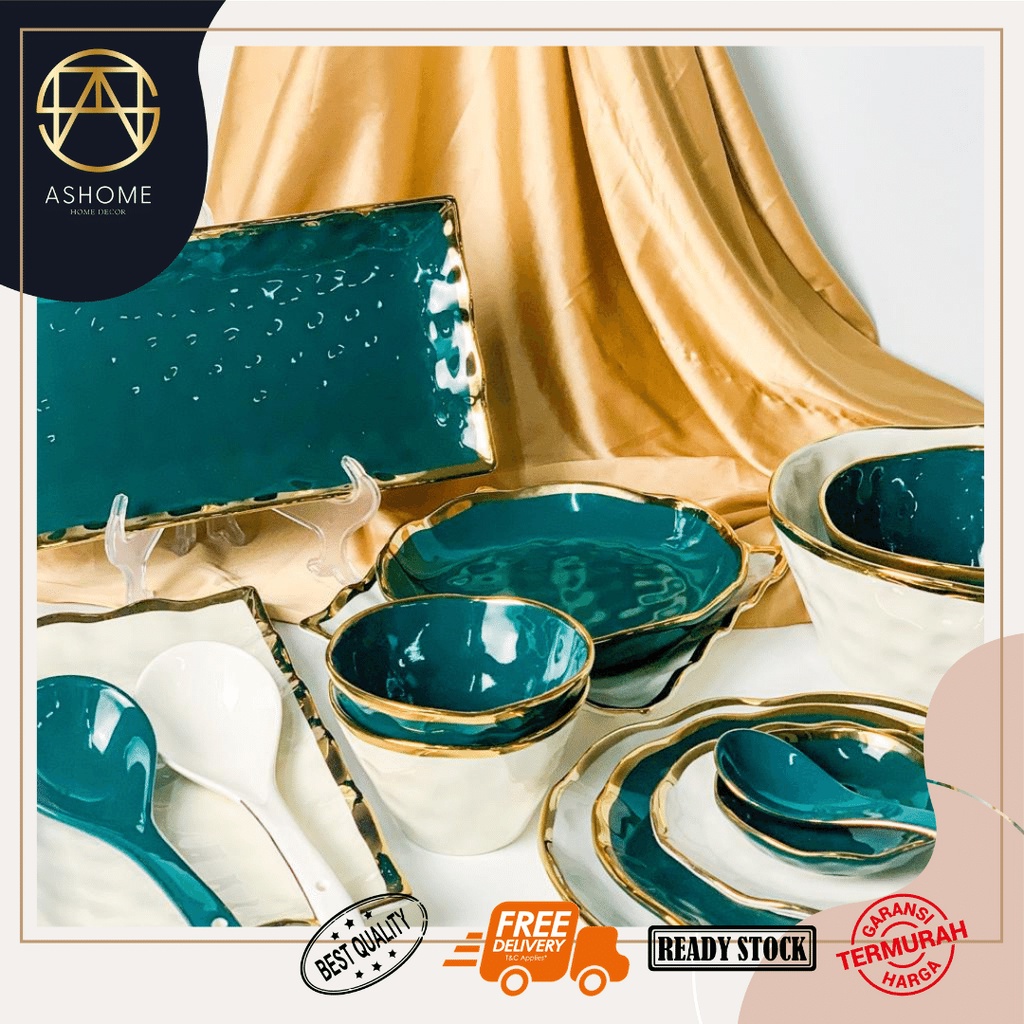 Jual ASHOME Piring Set 4 Orang Piring Makan Set Keramik Motif Gelombang ...